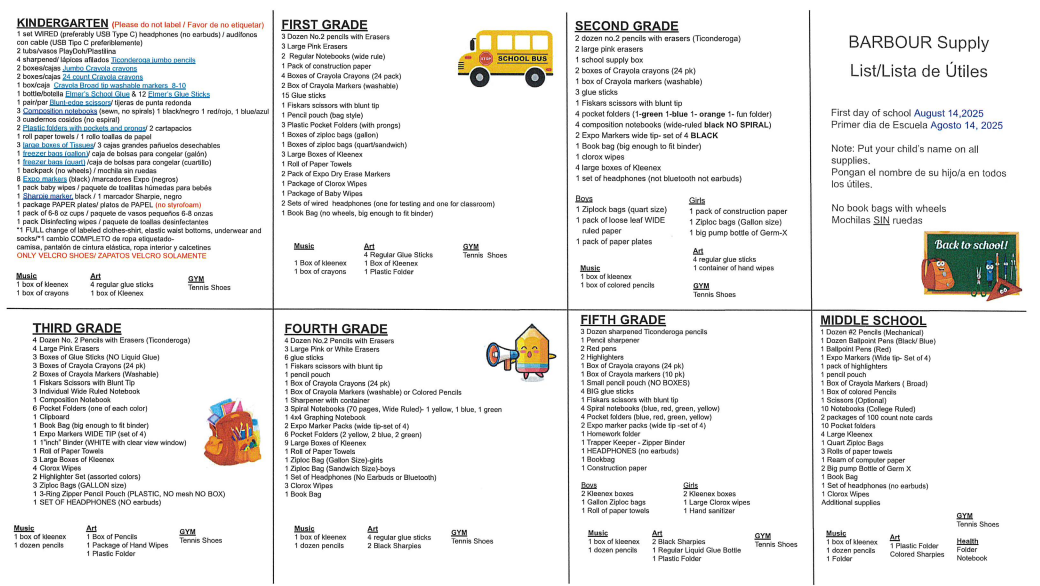 School Supply List | Two-Way Language Immersion at Barbour (K-8)