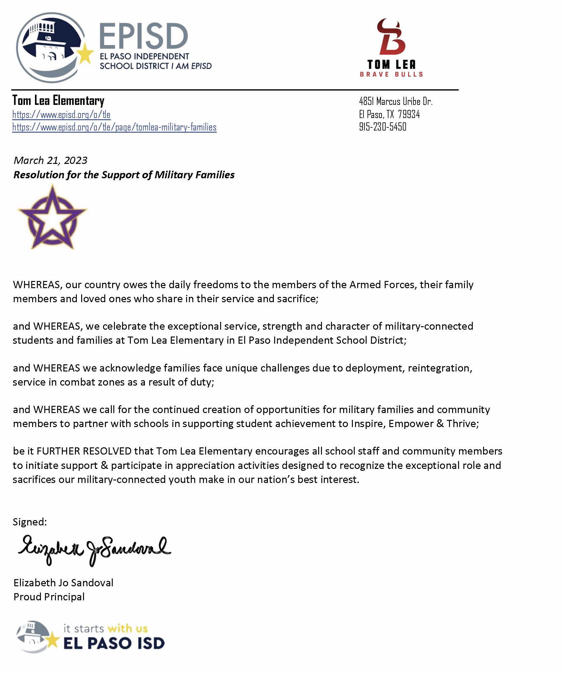TL Military Family Resolution | Tom Lea Elementary