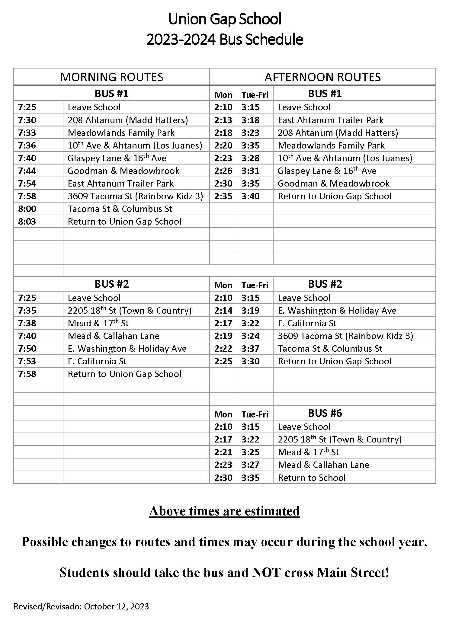 Bus Routes Union Gap School District Bus Routes Union Gap School District