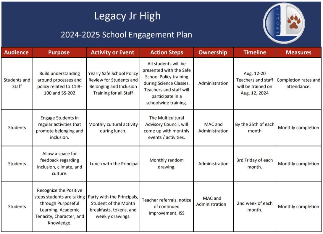 School Engagement Plan | Legacy Junior High
