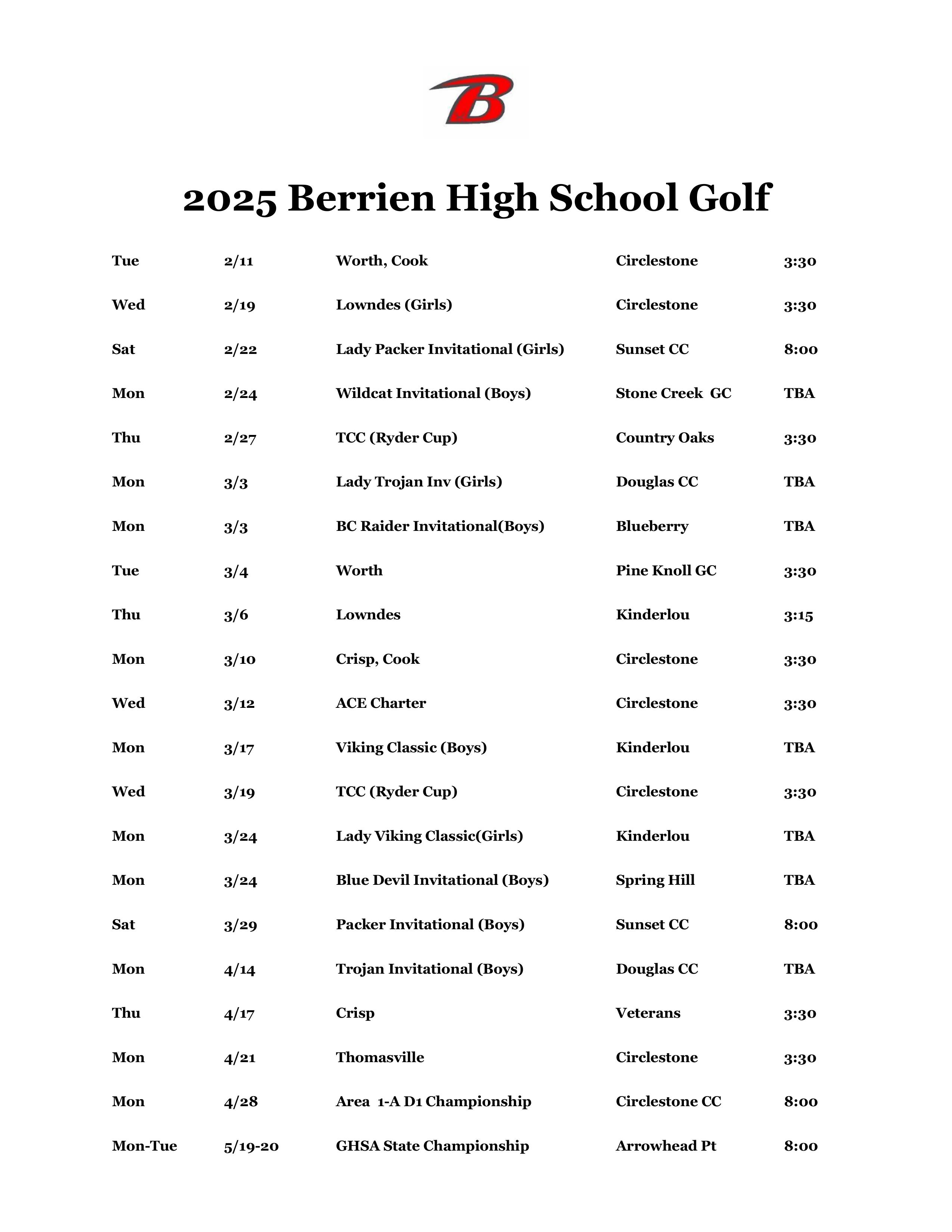 Athletic Schedules | Berrien High