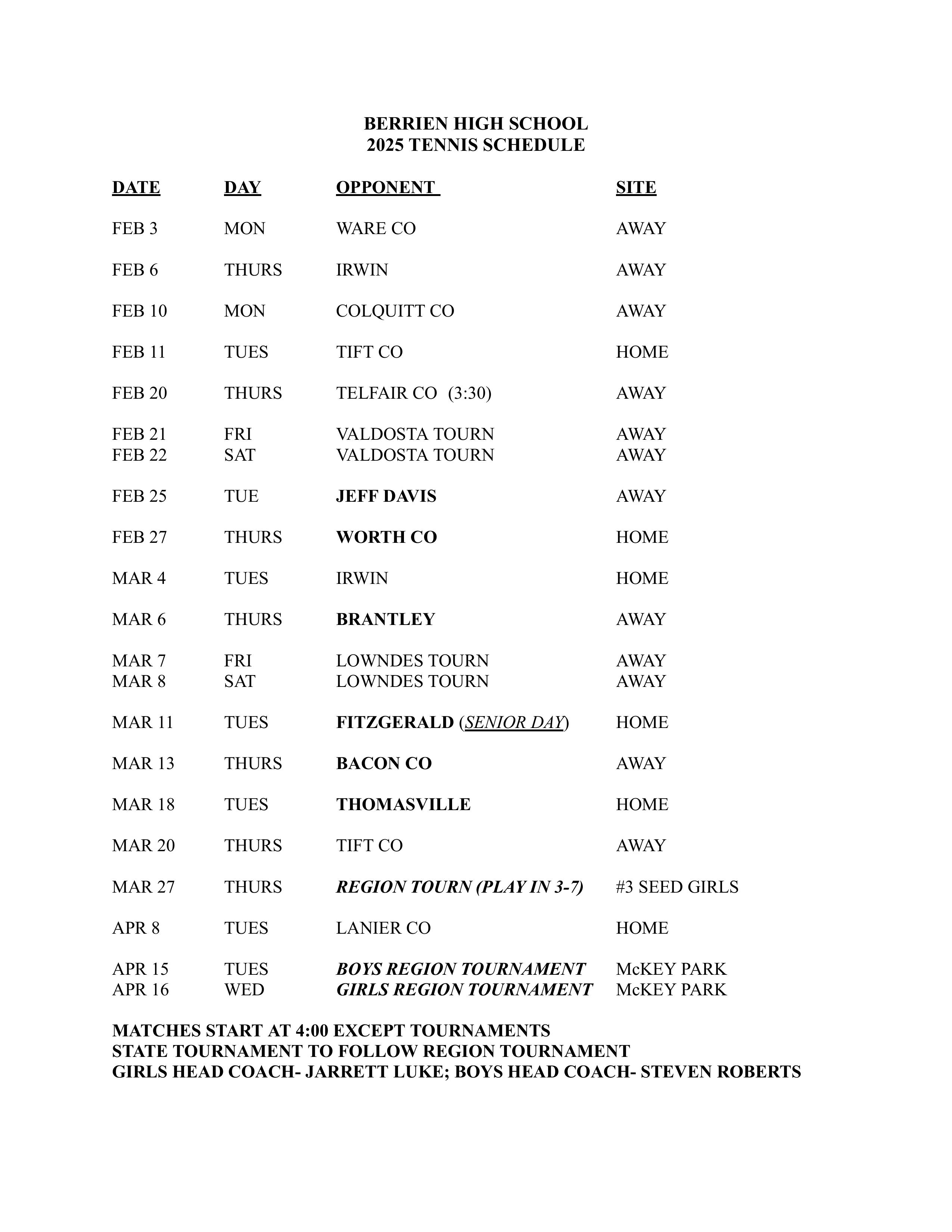 Athletic Schedules | Berrien High