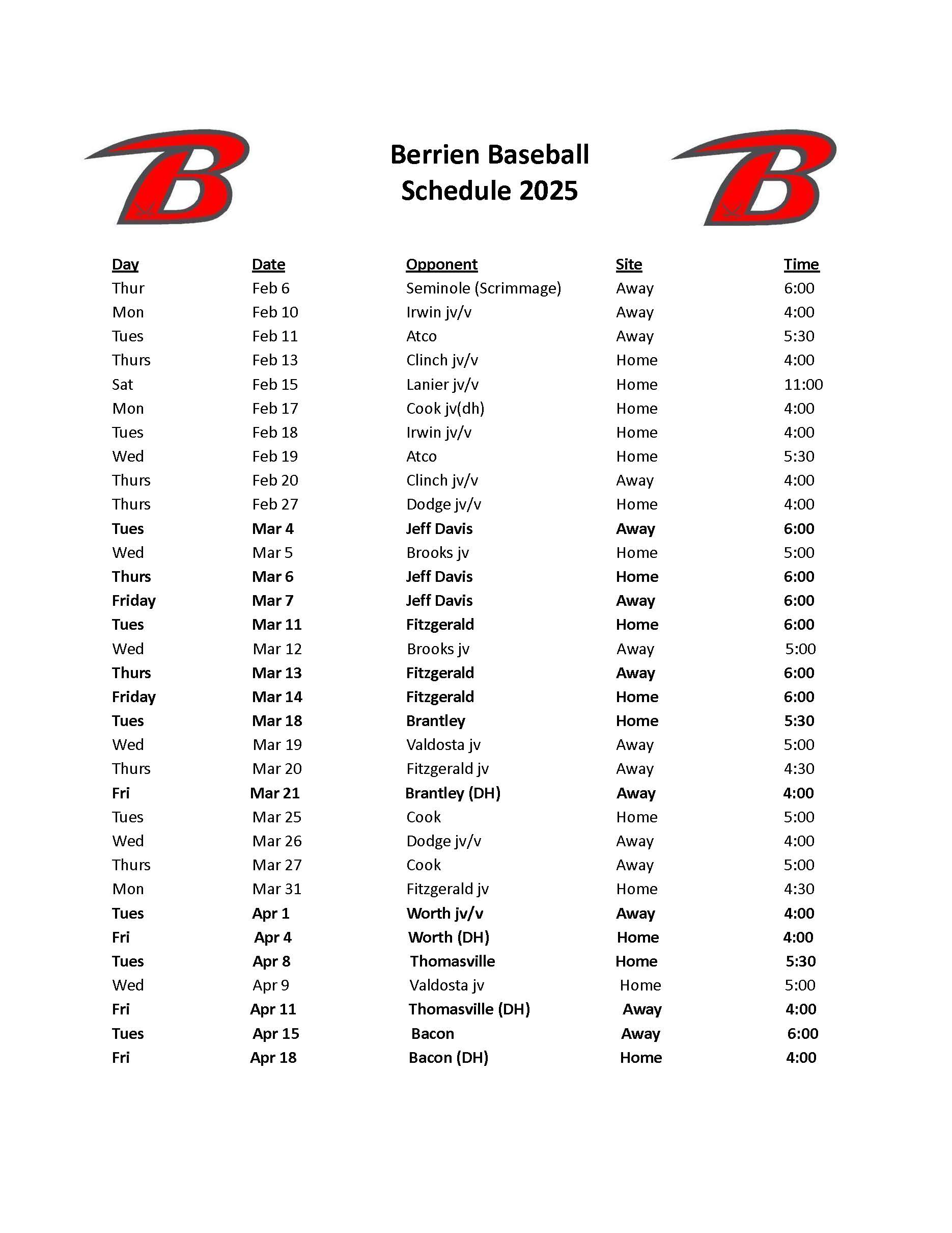 Athletic Schedules | Berrien High