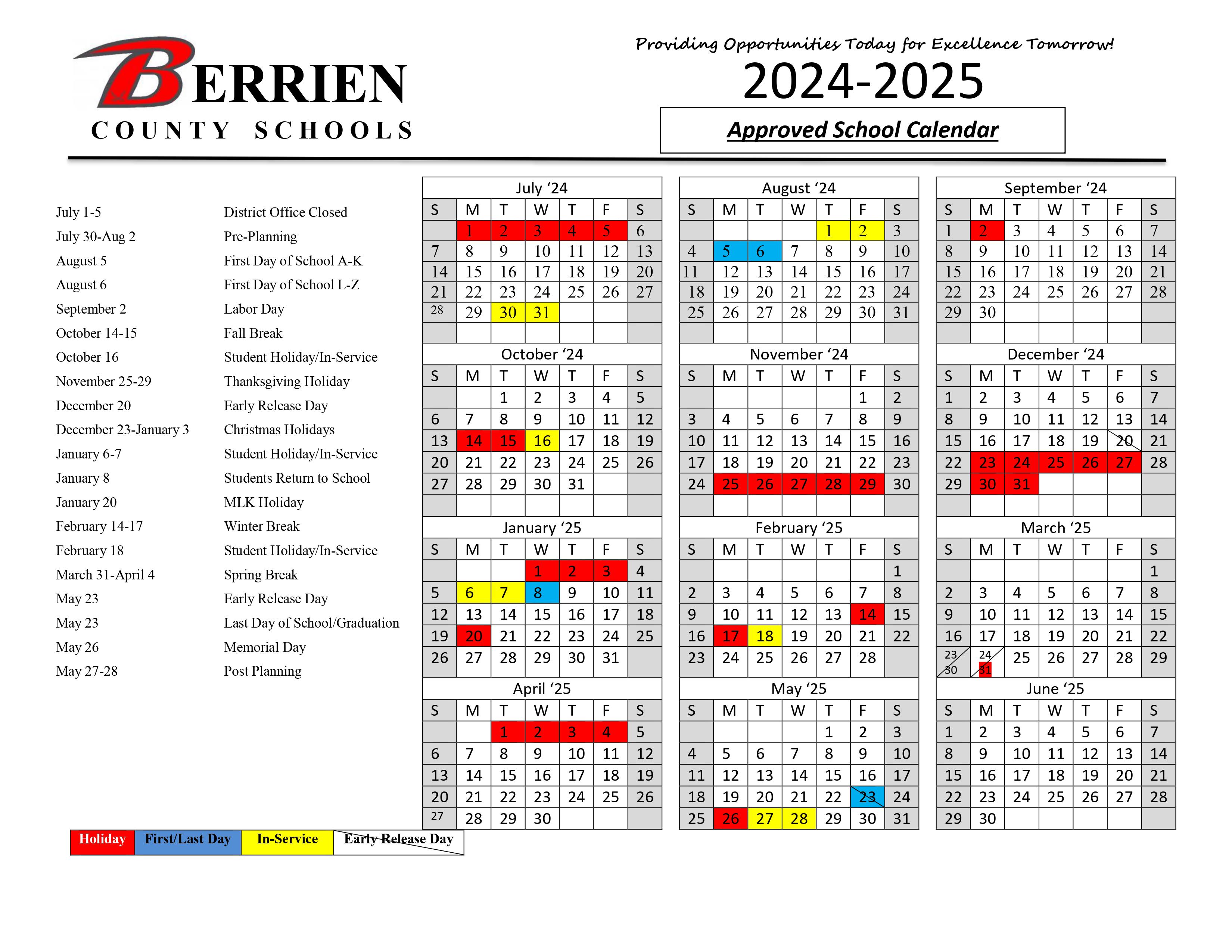2024-2025 School Calendar | Berrien Middle