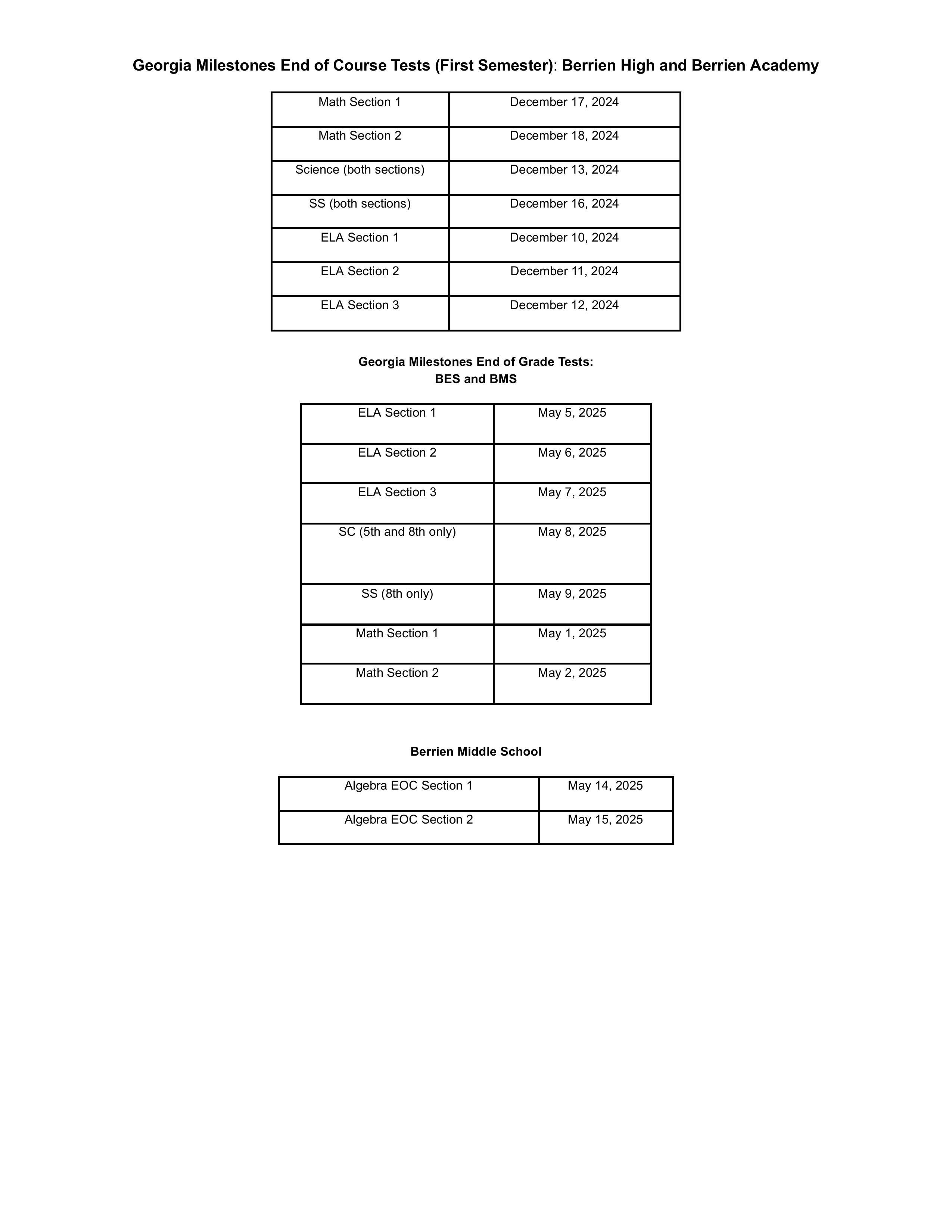 GMAS/EOC Testing Calendar | Berrien Middle