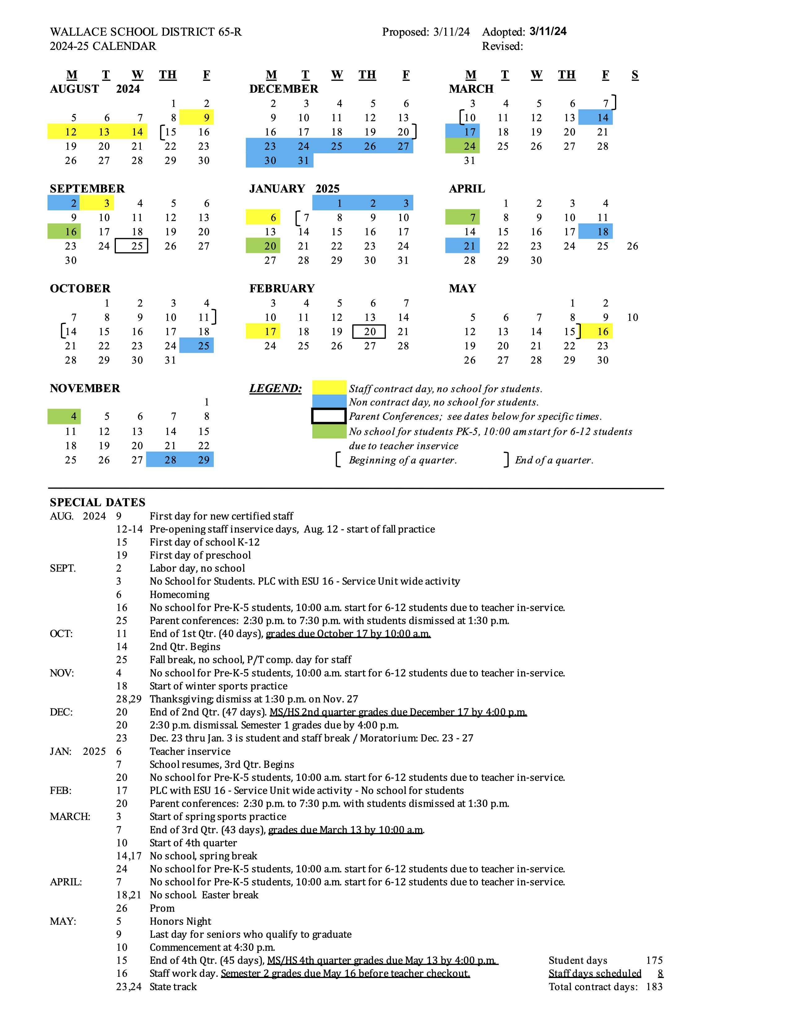 Calendar at a glance | Wallace Public School