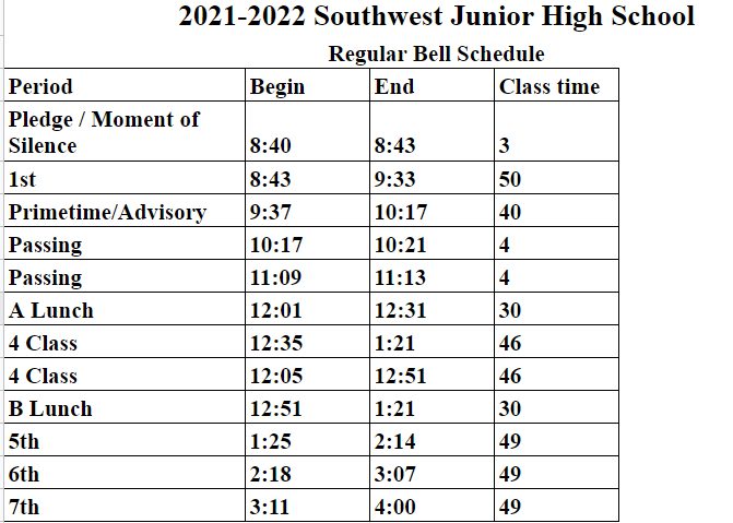 Attendance & Bell Schedule | Southwest Junior High School