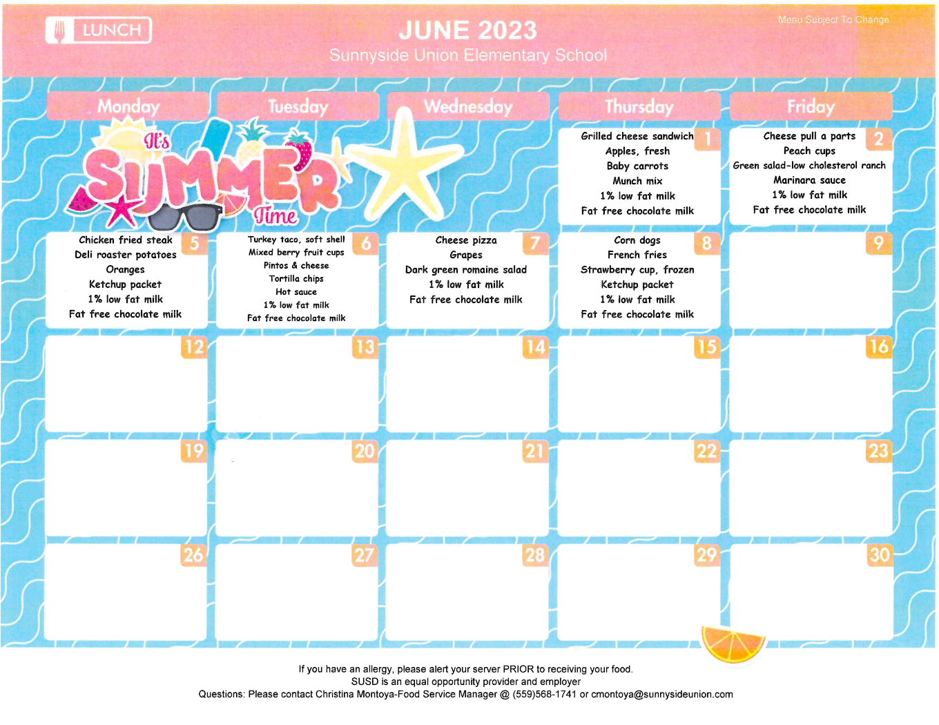 Lunch Menus | Sunnyside Union School District