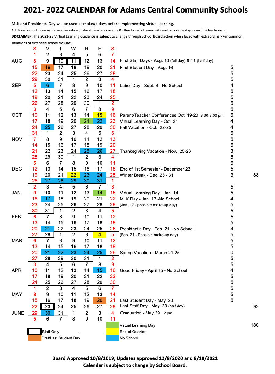 Calendars | Adams Central Community Schools