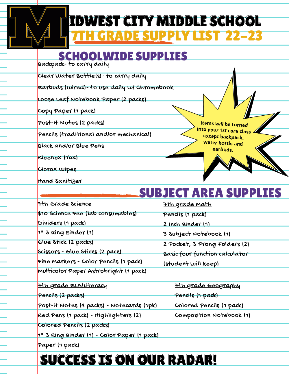 2022 2023 School Supply List Midwest City Middle School