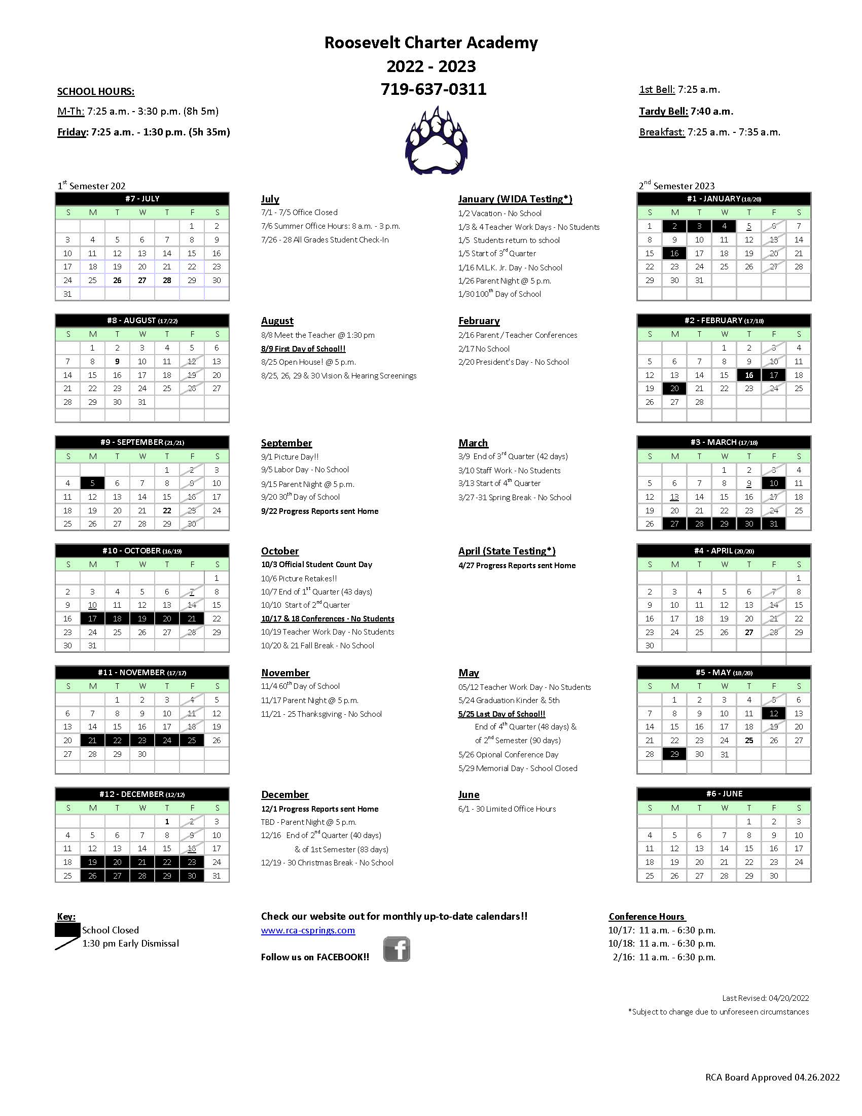 School Year Calendar Roosevelt Charter Academy