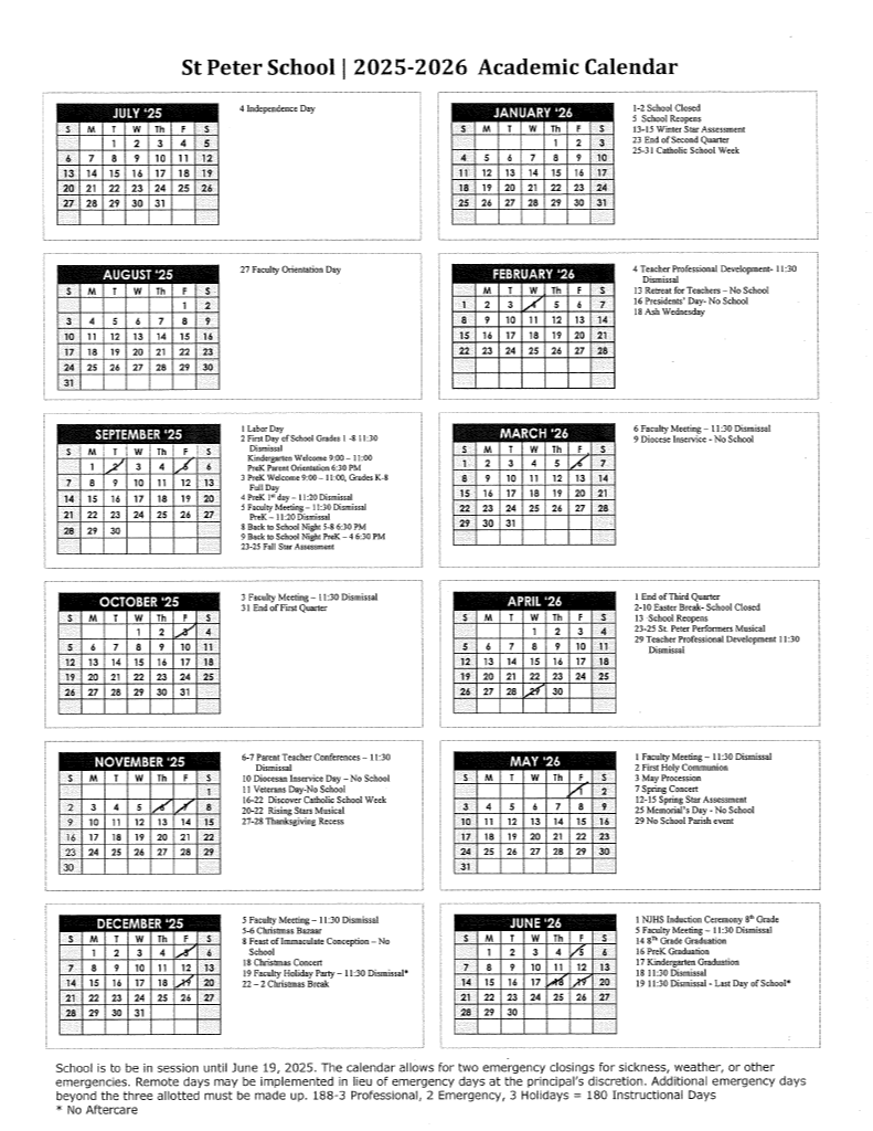 Academic Calendar | Saint Peter School