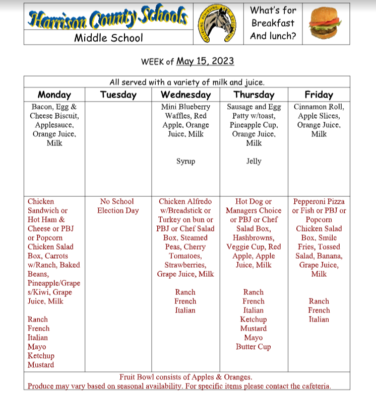 HCMS Menu : 5/15 - 5/19 | Harrison County Middle School