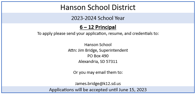 Job Openings | Hanson School District 30-1