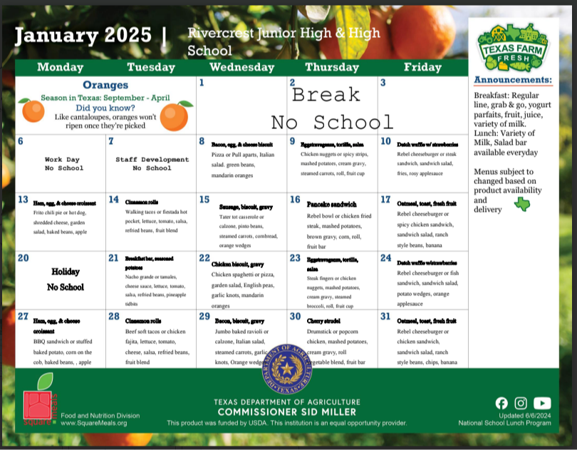 RHS & RJH Cafeteria Menu | Rivercrest ISD