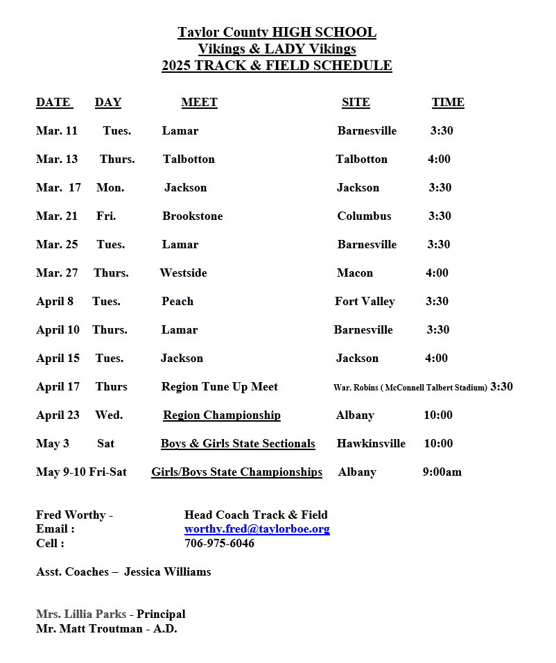 Track and Field Schedule 2025 | Taylor County High School