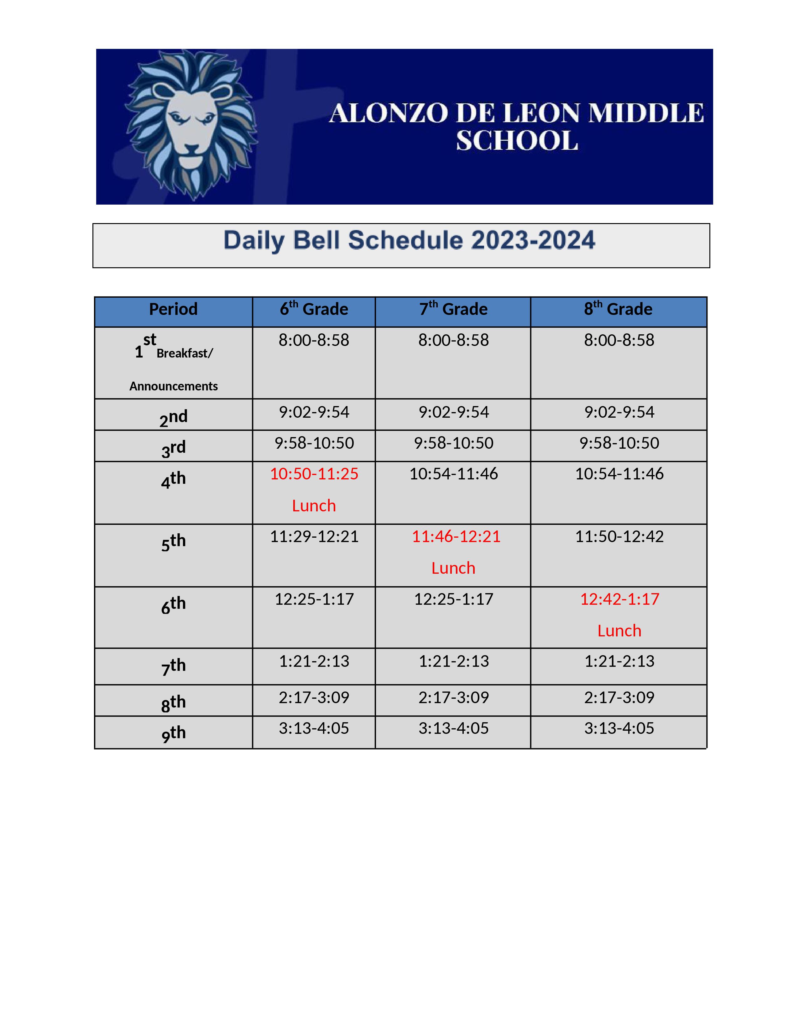 Bell Schedule | Alonzo De Leon Middle School