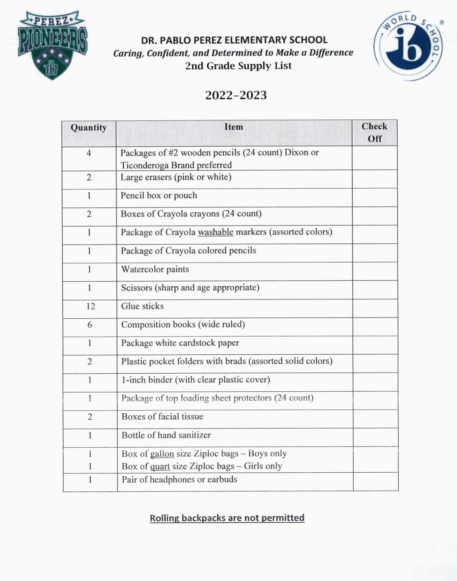 School Supply List | Dr. Pablo Perez Elementary