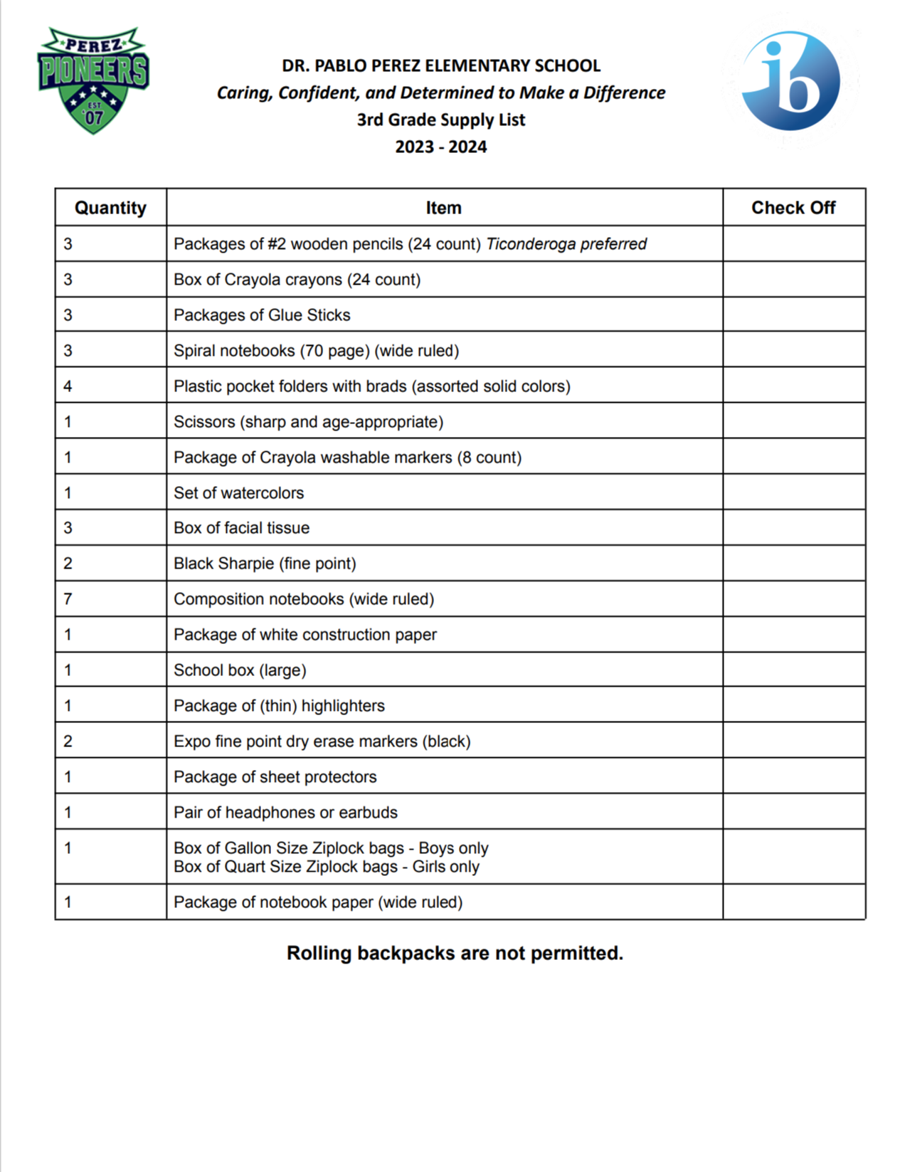 School Supply List Dr Pablo Perez Elementary