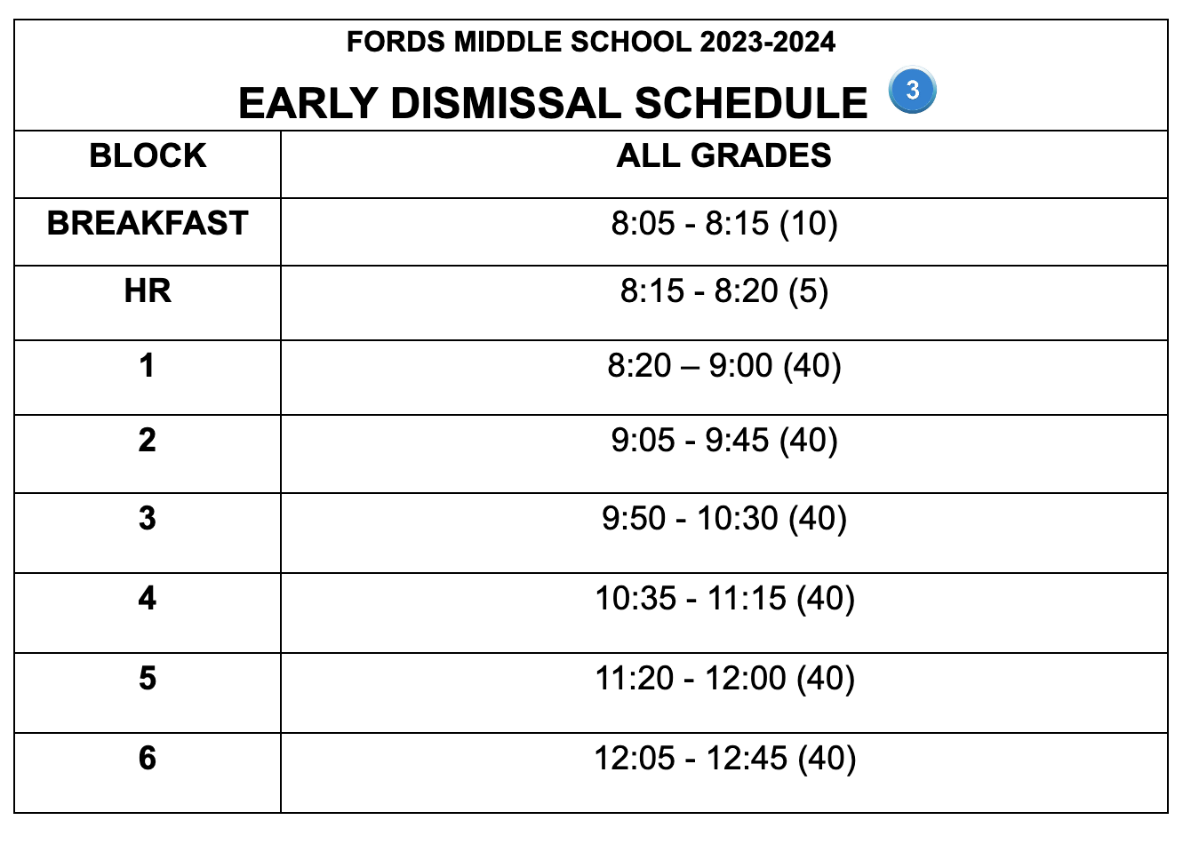 FMS Time Schedule | Fords Middle School