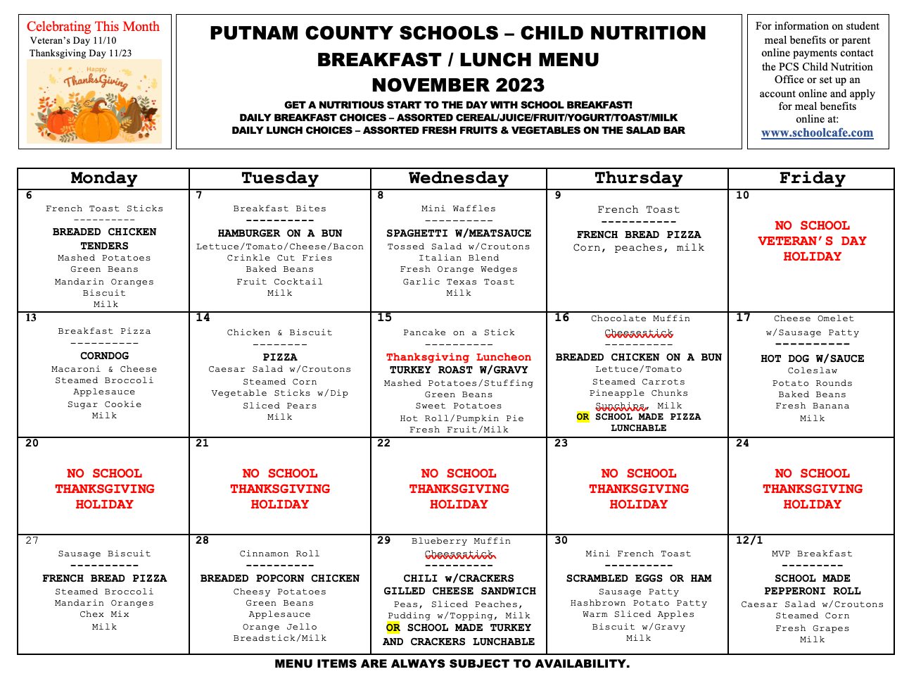 Current Lunch Menu | West Teays Elementary School