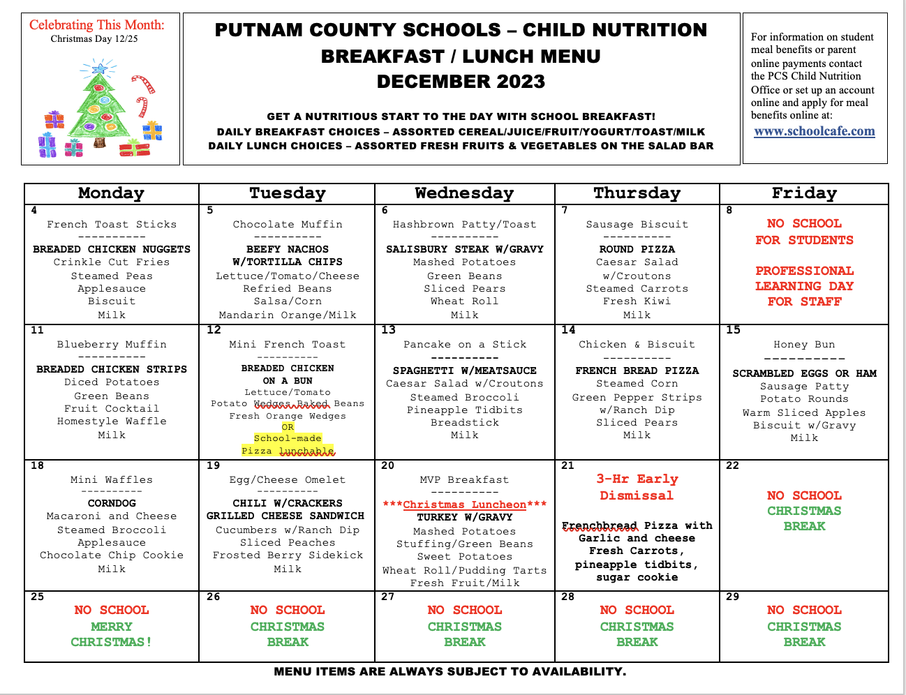 Current Lunch Menu | West Teays Elementary School