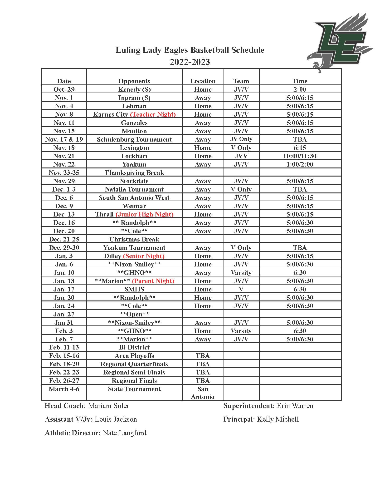 Basketball Schedule | Luling High School