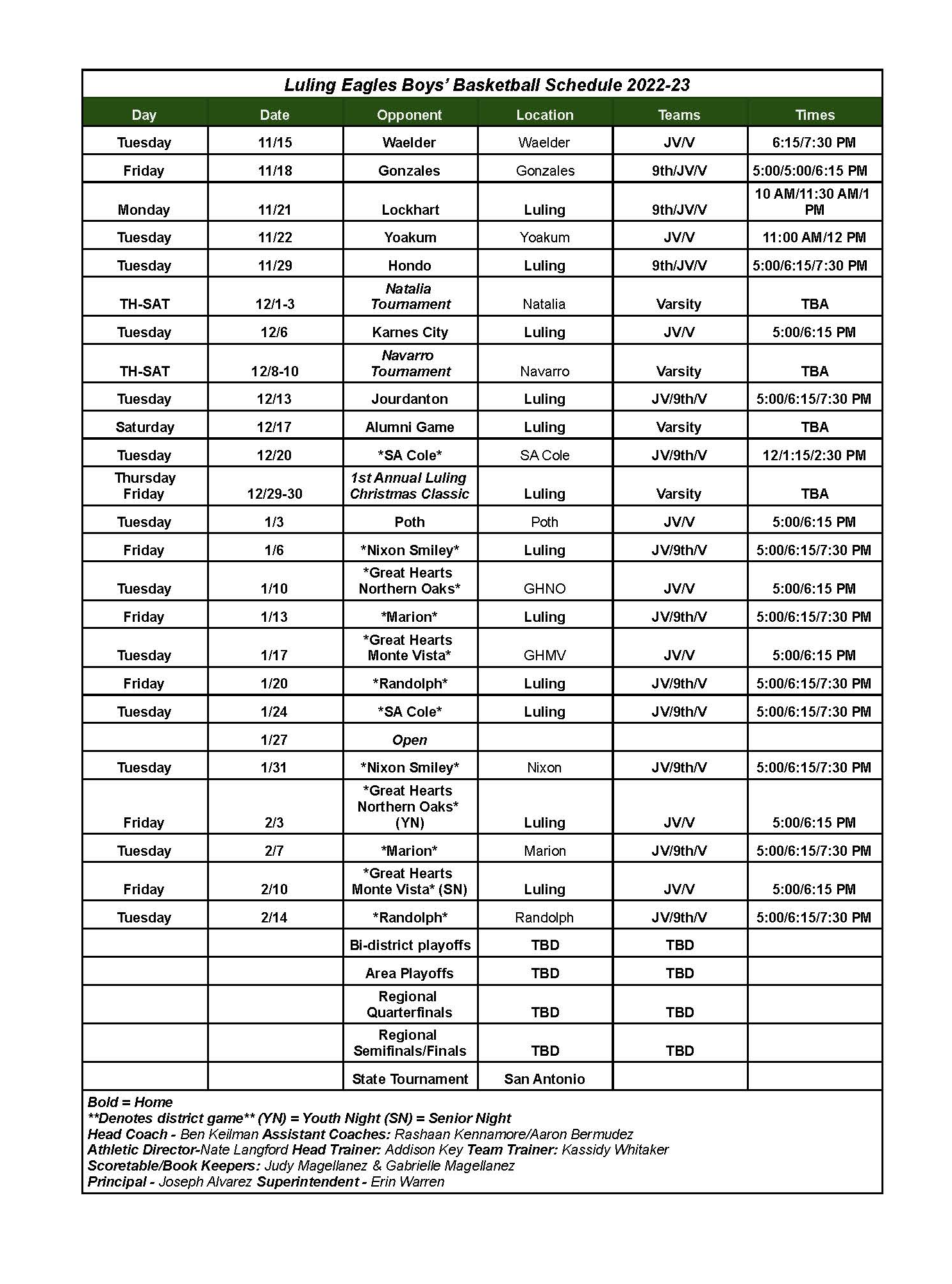 Basketball Schedule | Luling High School