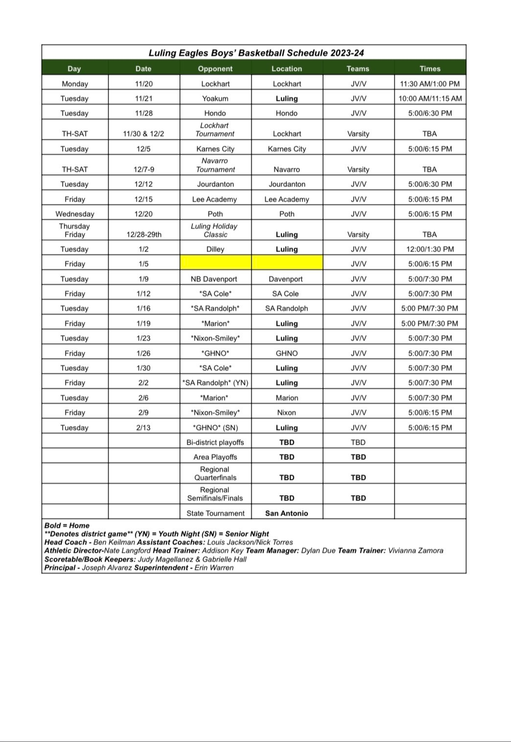 Basketball Schedule | Luling High School