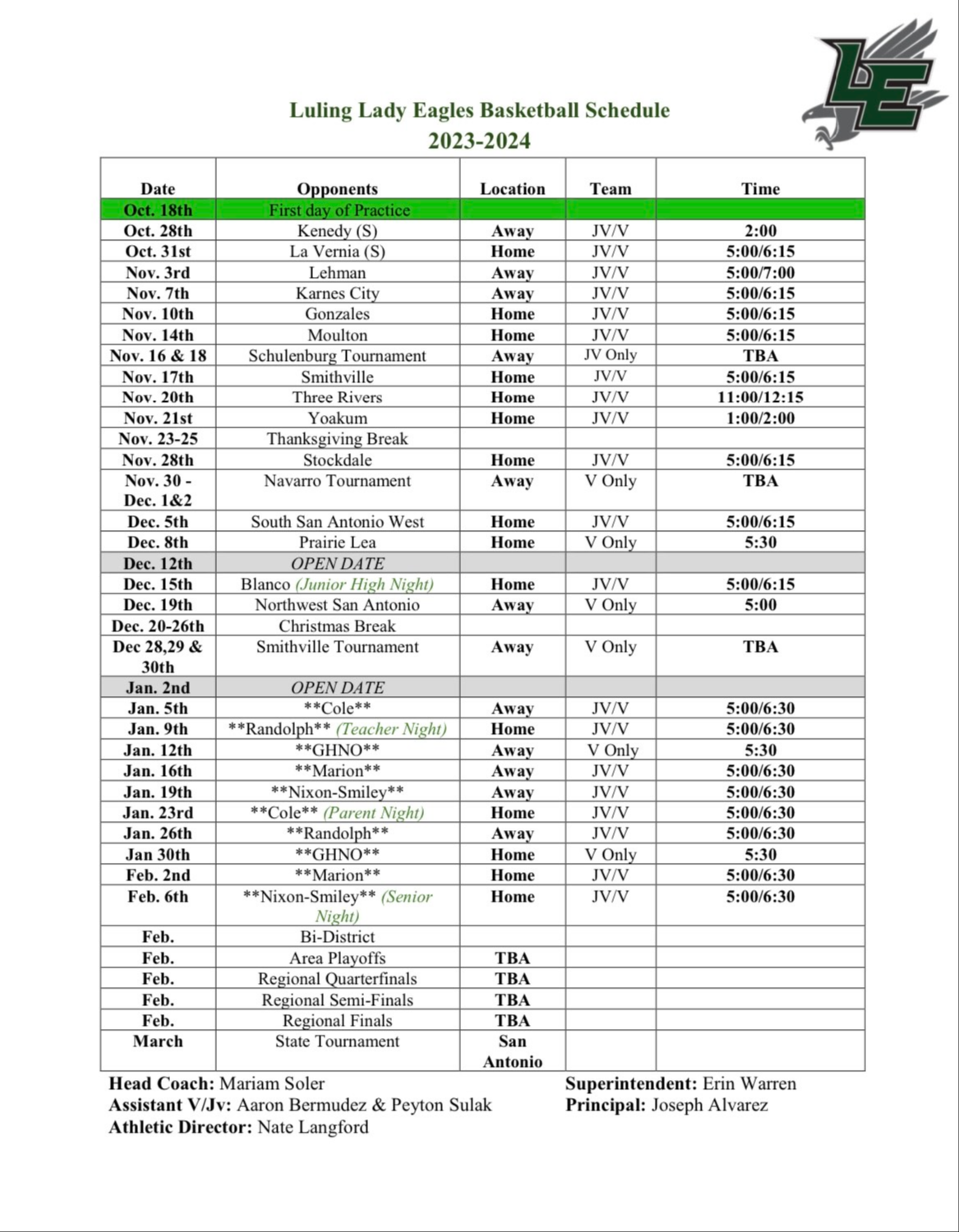 Basketball Schedule | Luling High School