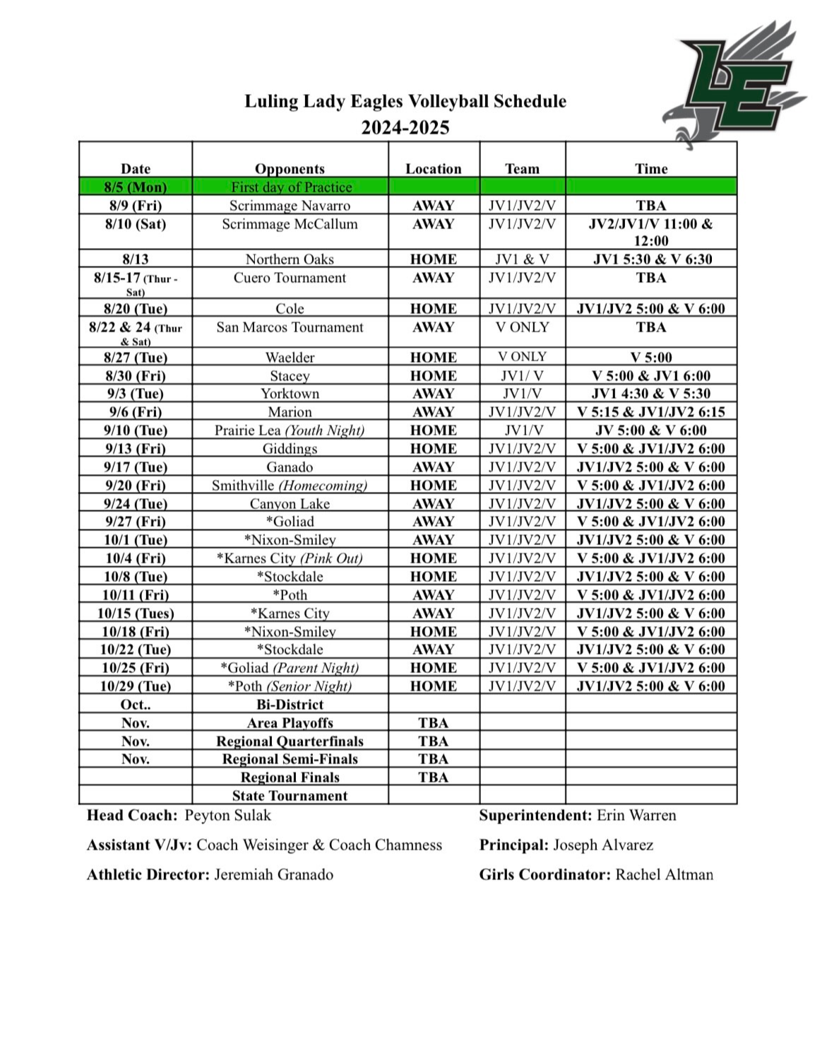 Volleyball Schedule | Luling High School