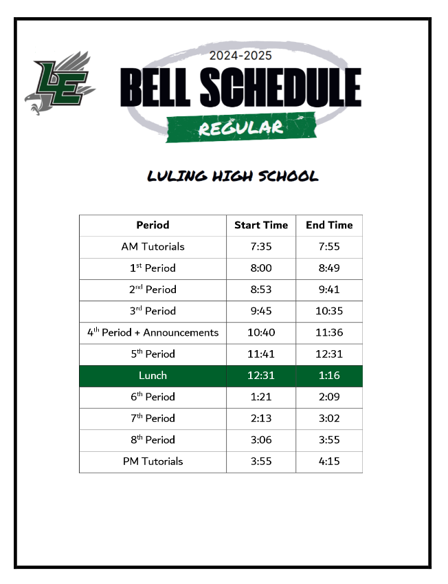 Bell Schedules | Luling High School