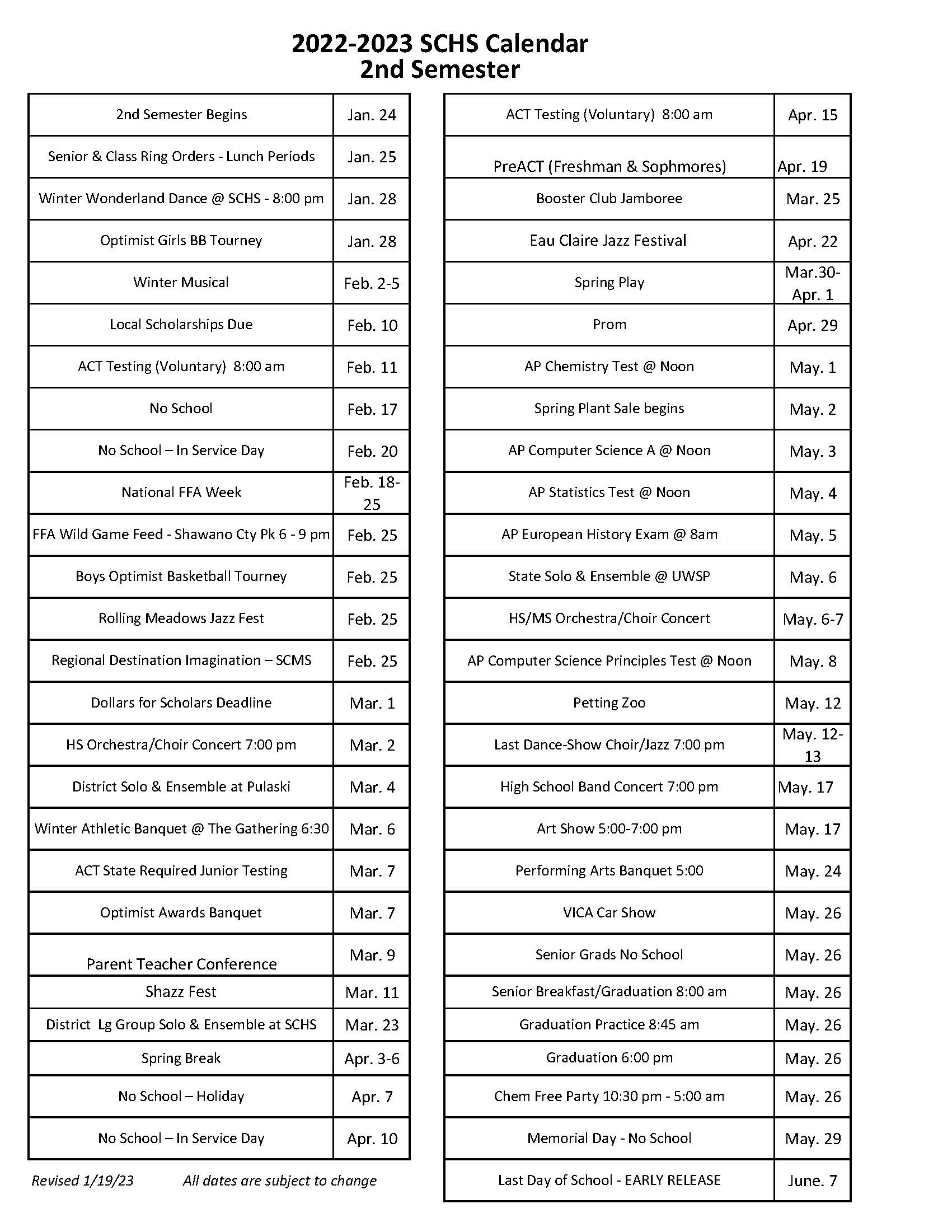 High School Semester Calendars | Shawano Community High School