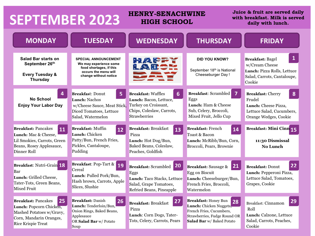 Lunch Menu | Henry-Senachwine High School