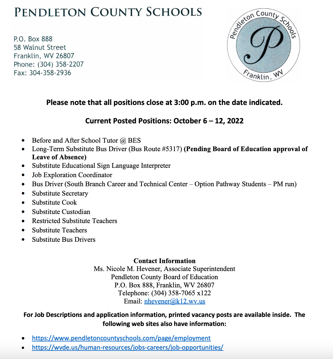 Employment Opportunities | Pendleton County Schools