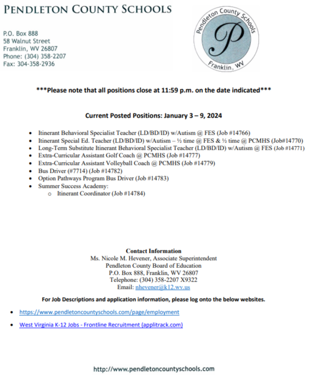 Employment Opportunities | Pendleton County Schools
