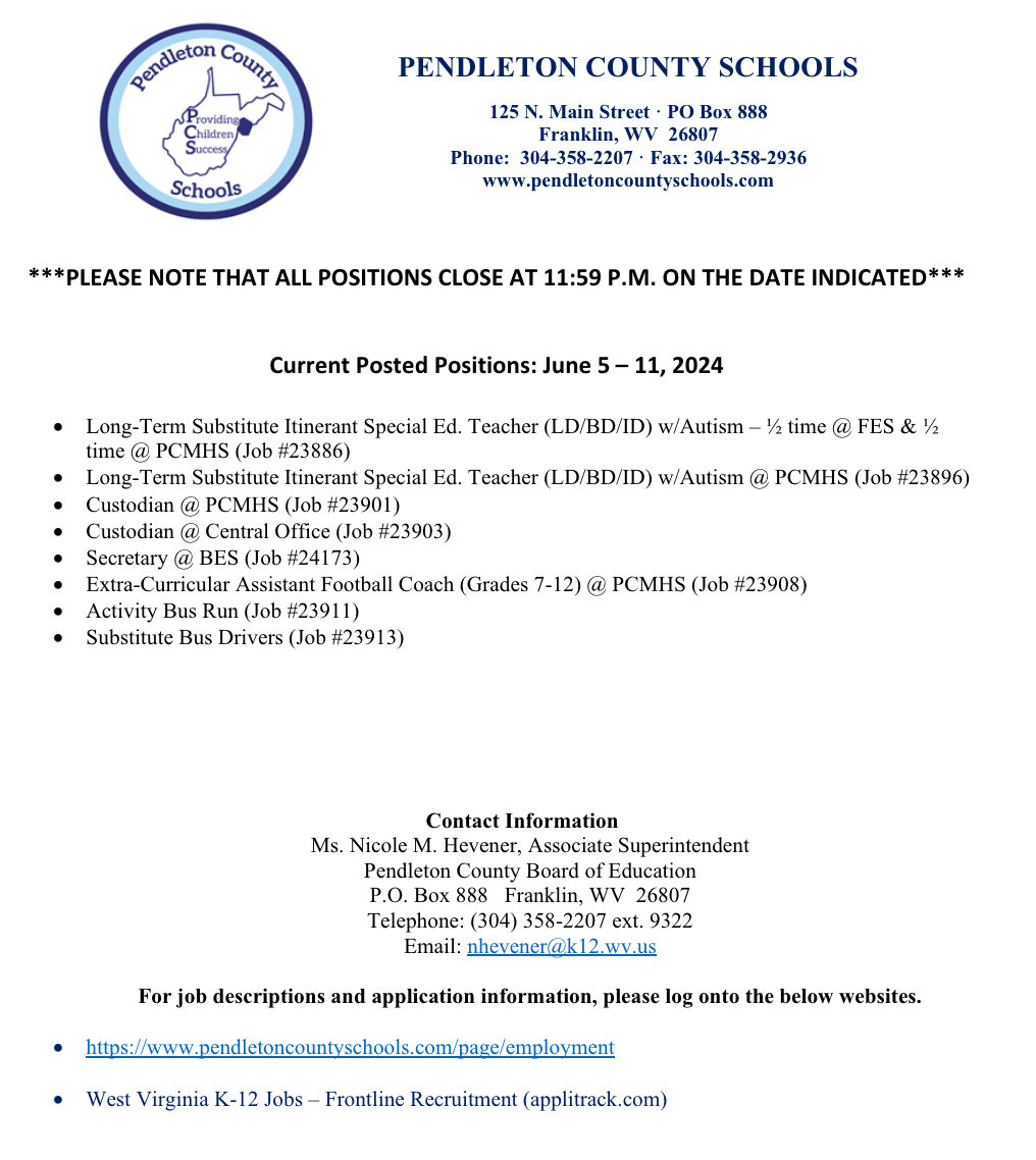 Employment Opportunities | Pendleton County Schools