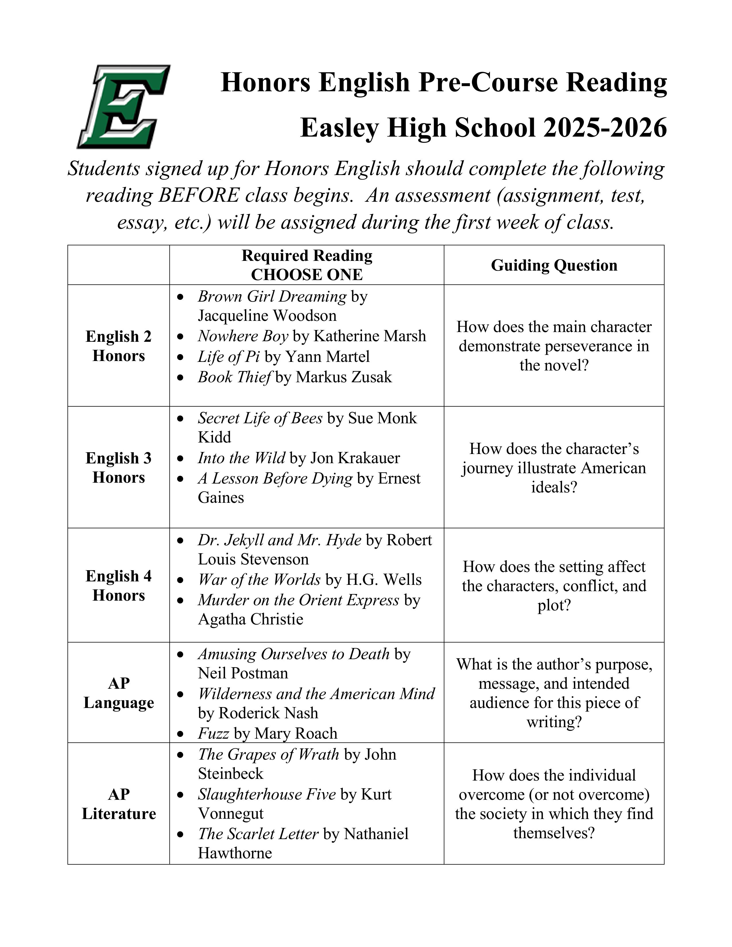 Pre-Course Assignments for 2025-2026 | Easley High School