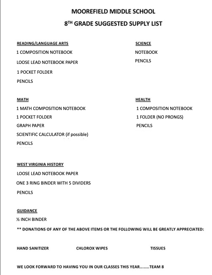 Student Supply Lists | Moorefield Middle School