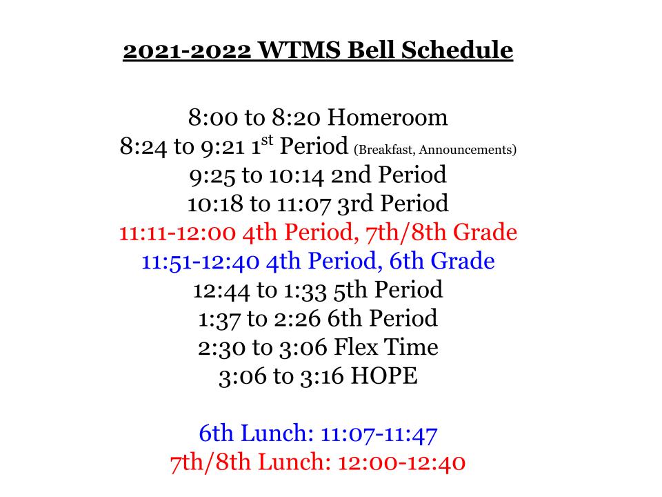 Bell Schedule | William Thomas Middle School
