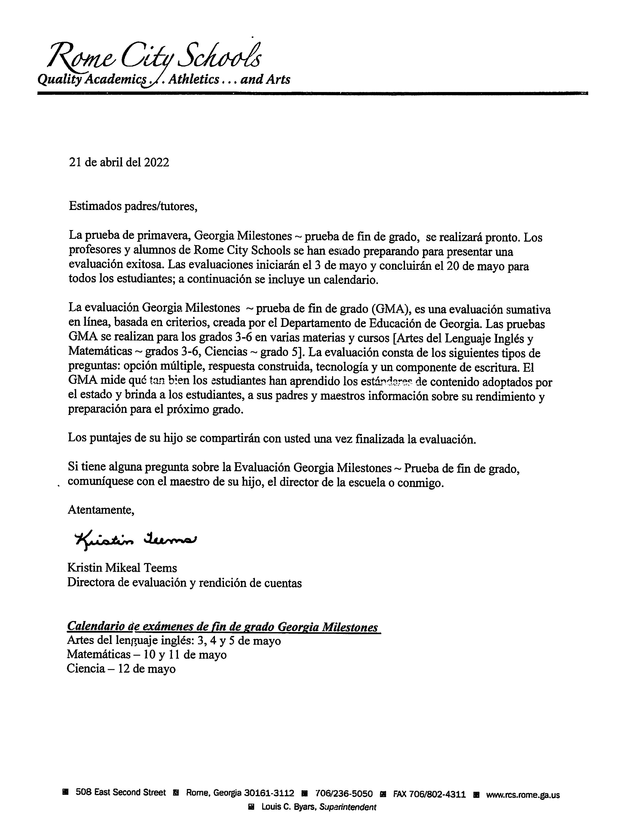 2022 GA Milestones Parent Letter Elm Street Elementary