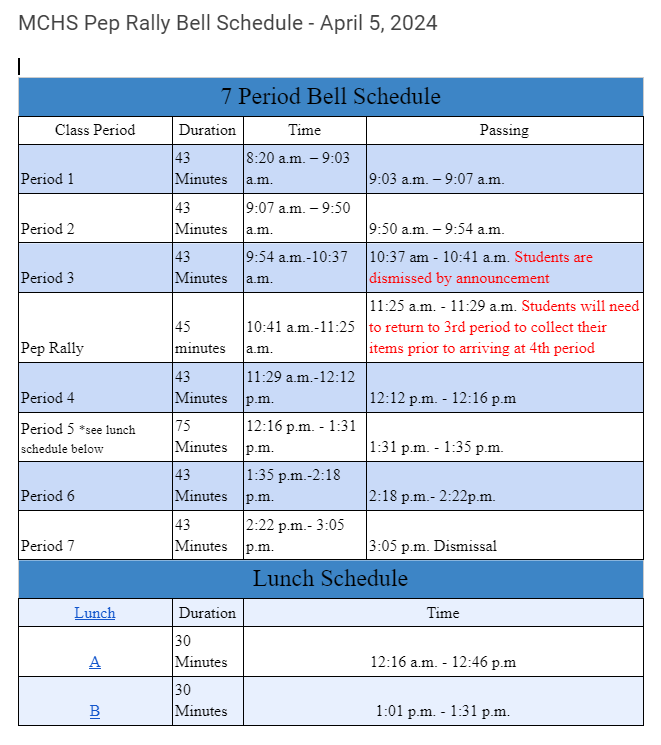 School Hours and Bell Schedules | Martin County High School