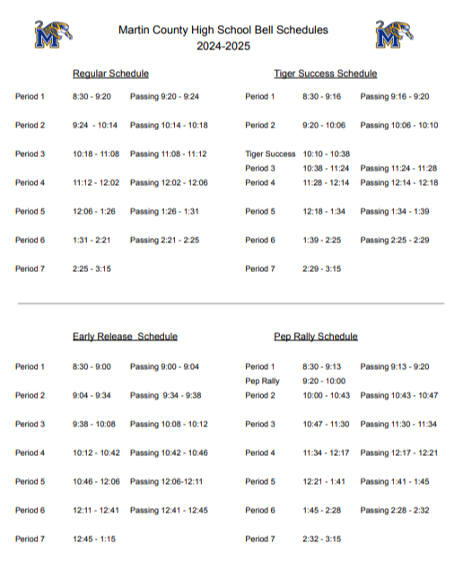 School Hours and Bell Schedules | Martin County High School