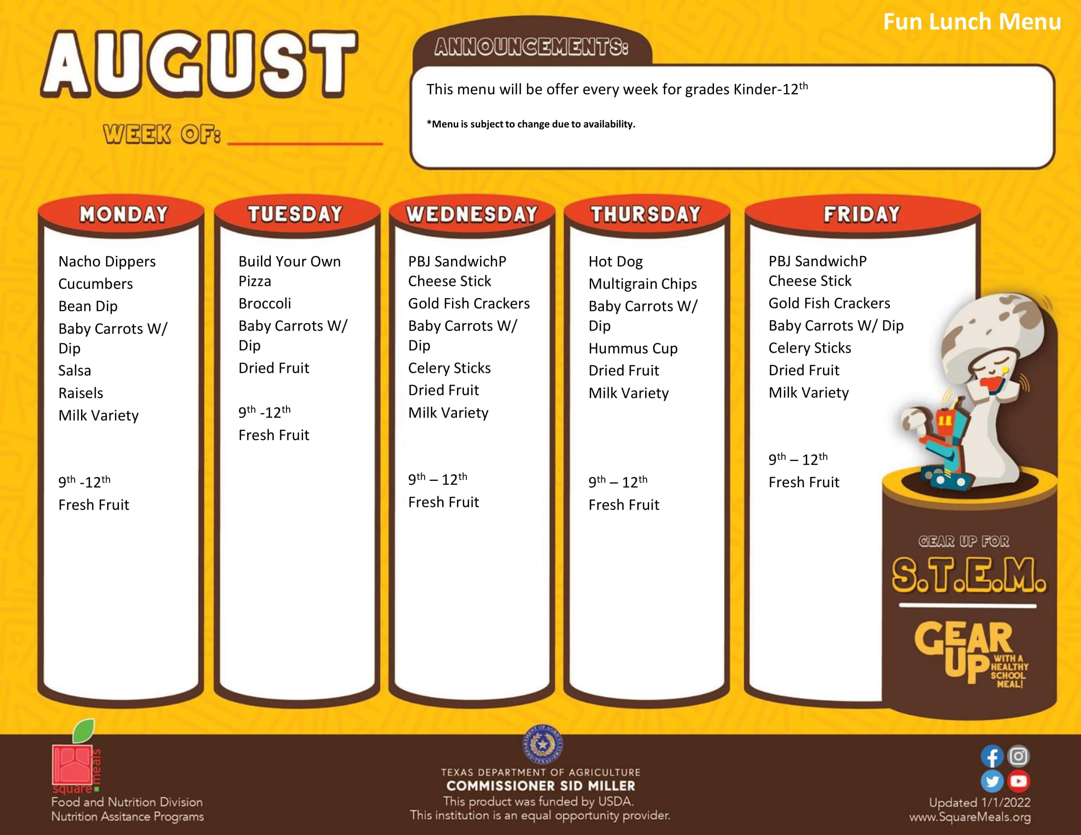Cafe/Lunch Menu | Garrison ISD