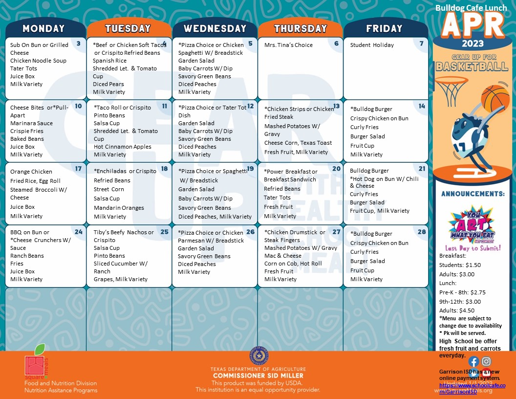 Cafe/Lunch Menu | Garrison ISD