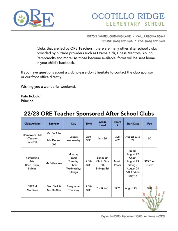 After School Clubs & Activities | Ocotillo Ridge Elementary School