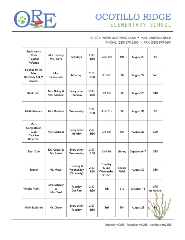 After School Clubs & Activities | Ocotillo Ridge Elementary School
