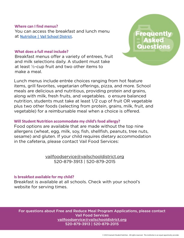 Meal Pricing and Information | Vail Academy and High School