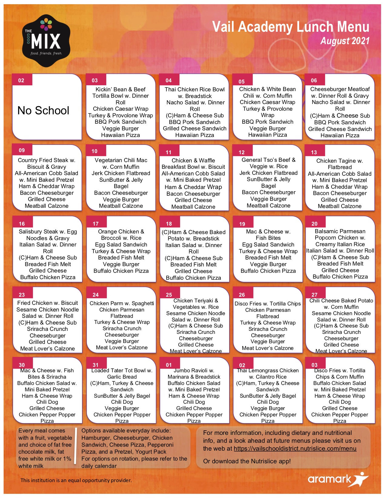 Meal Pricing and Information | Vail Academy and High School