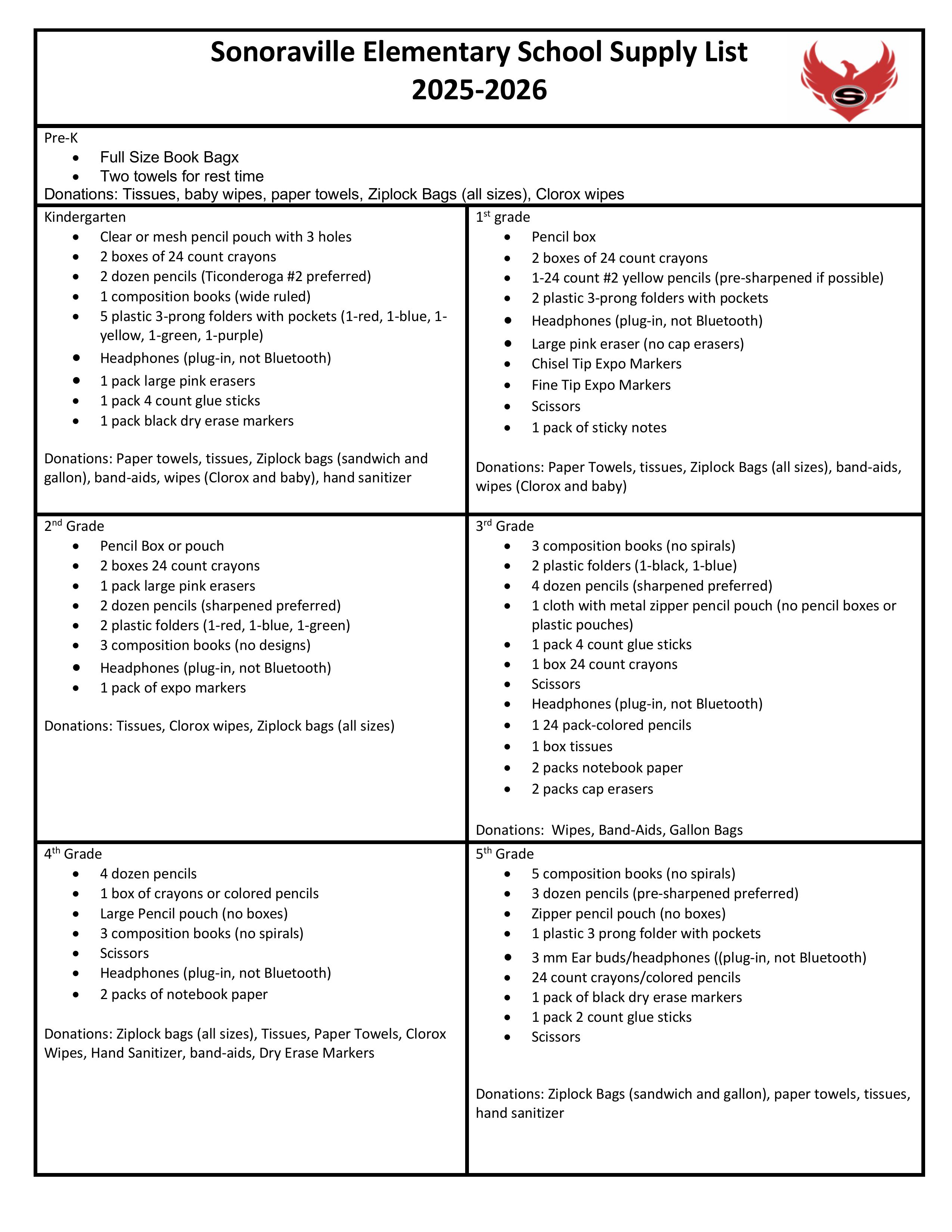Tolbert Elementary School Supply List